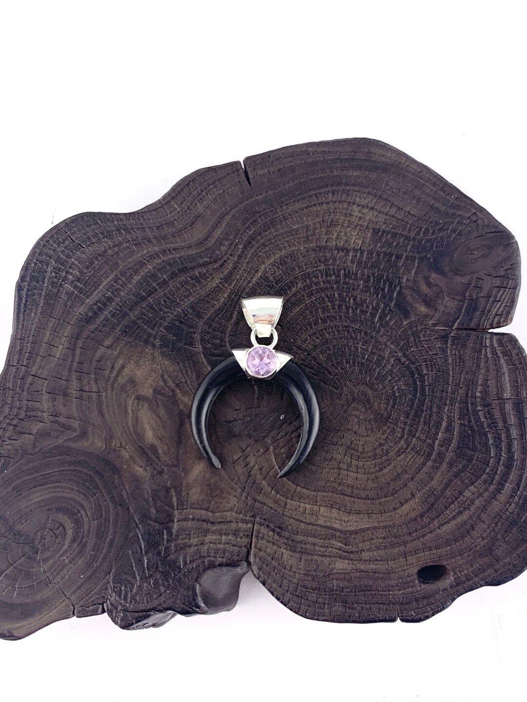 Black Crescent Moon Horn, Double Crescent Horn, Pendant With Amethyst ...