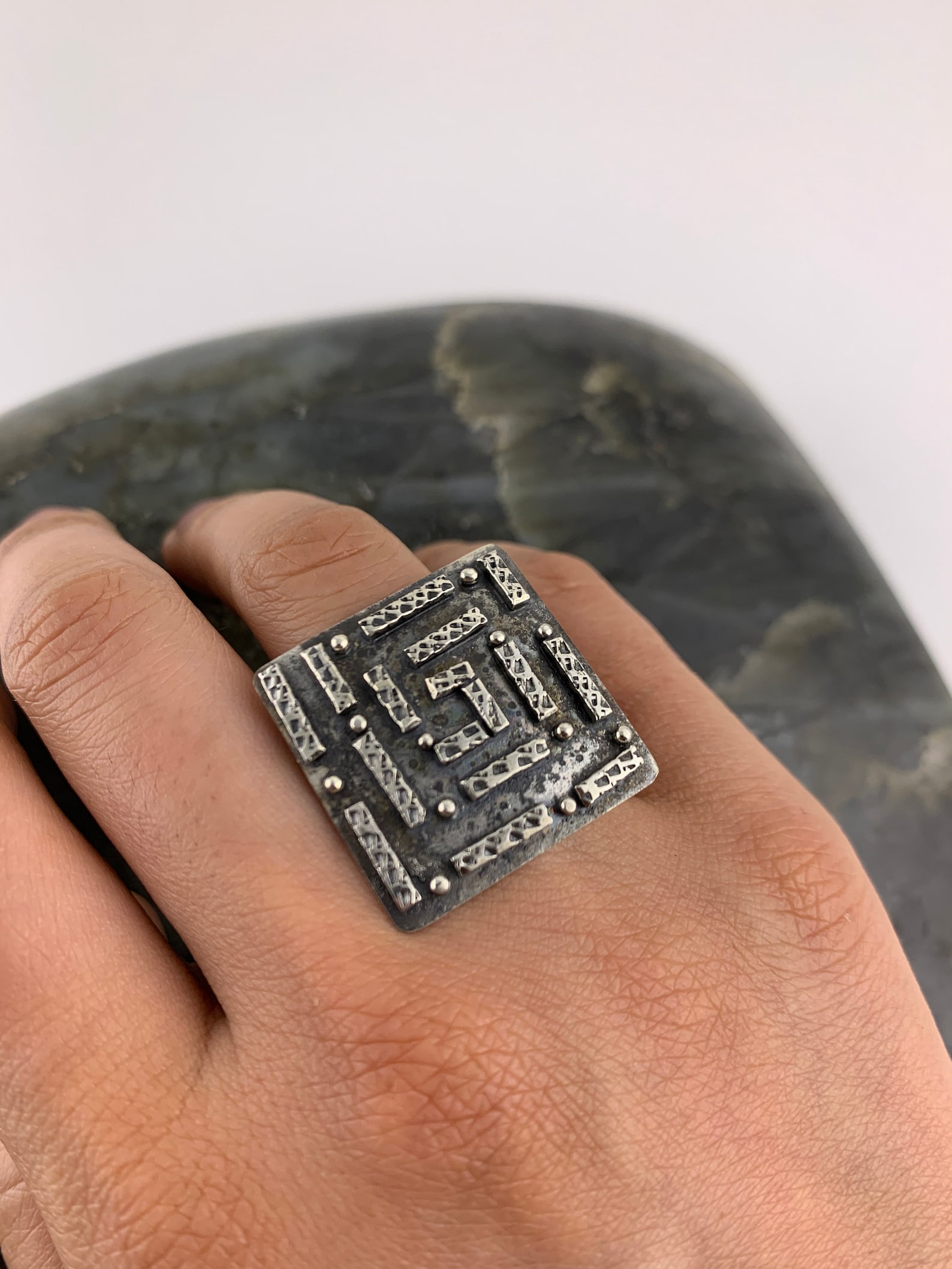 Anillo de laberinto cuadrado, anillo de plata ajustable, anillo de ...