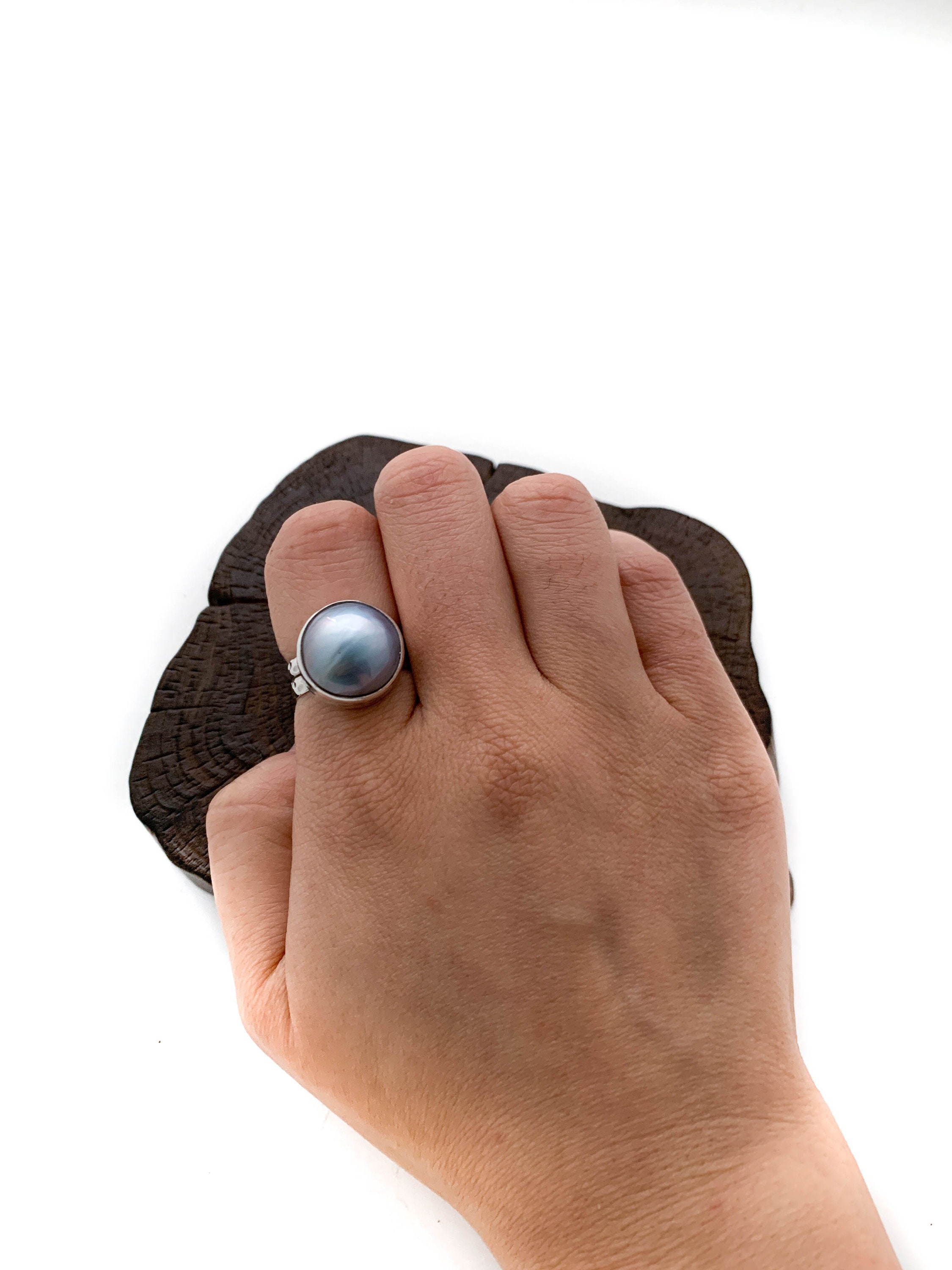 Round Blue Mabe Pearl Silver Blue Pearl Ring Sterling Silver | Etsy