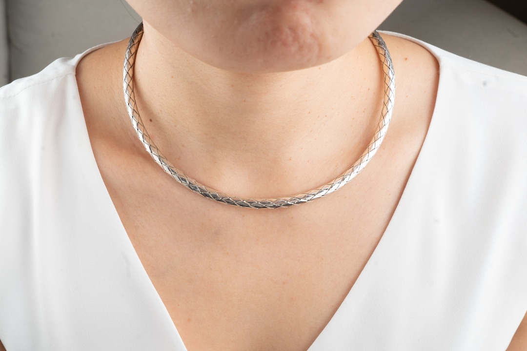Silver Neck Collar, Sterling Silver Choker, Silver Braided Neck, Rigid ...