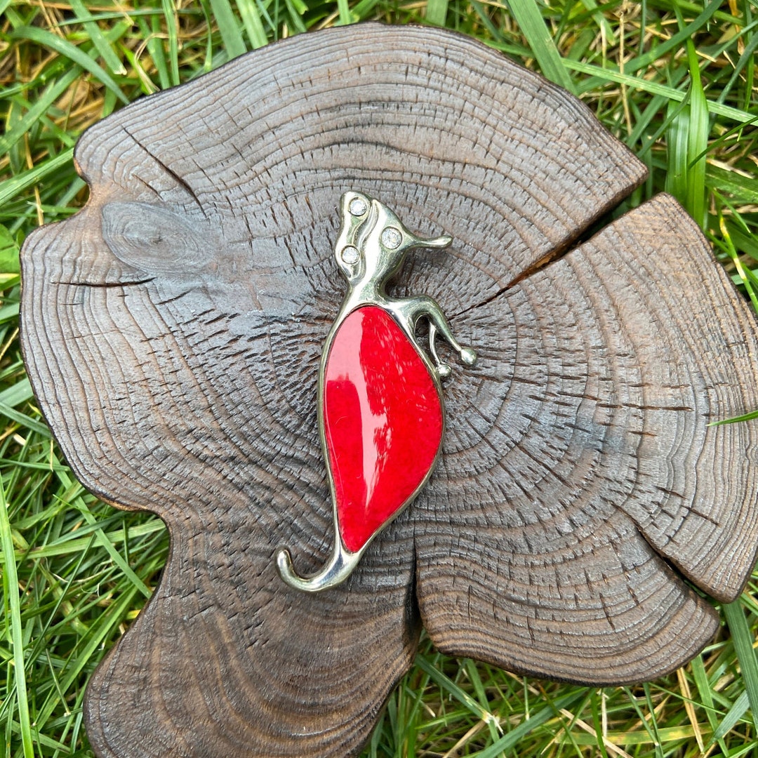 Red Coral Seehorse, Coral Pin,sterling Silver Seahorse Pin,solid Silver ...