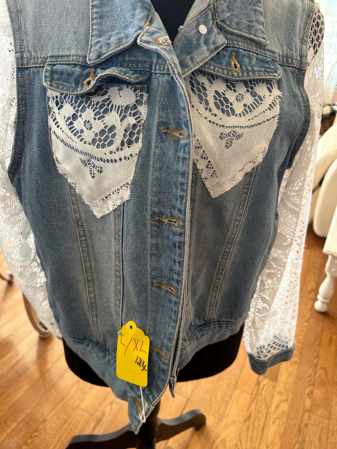 Denim Jacket With Lace Trim, Size - Large/extra Large - Etsy