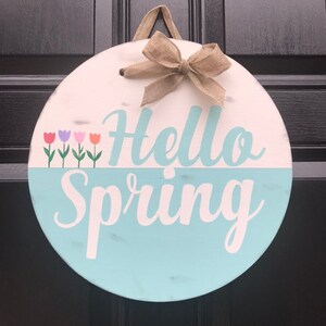 Hello Spring Flowers Front Door Hanging Sign, Welcome Wood Round Sign ...