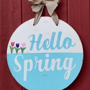 Hello Spring Flowers Front Door Hanging Sign, Welcome Wood Round Sign ...
