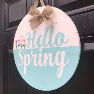Hello Spring Flowers Front Door Hanging Sign, Welcome Wood Round Sign ...