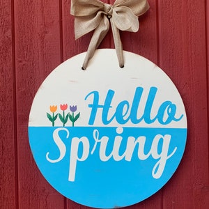 Hello Spring Flowers Front Door Hanging Sign, Welcome Wood Round Sign ...