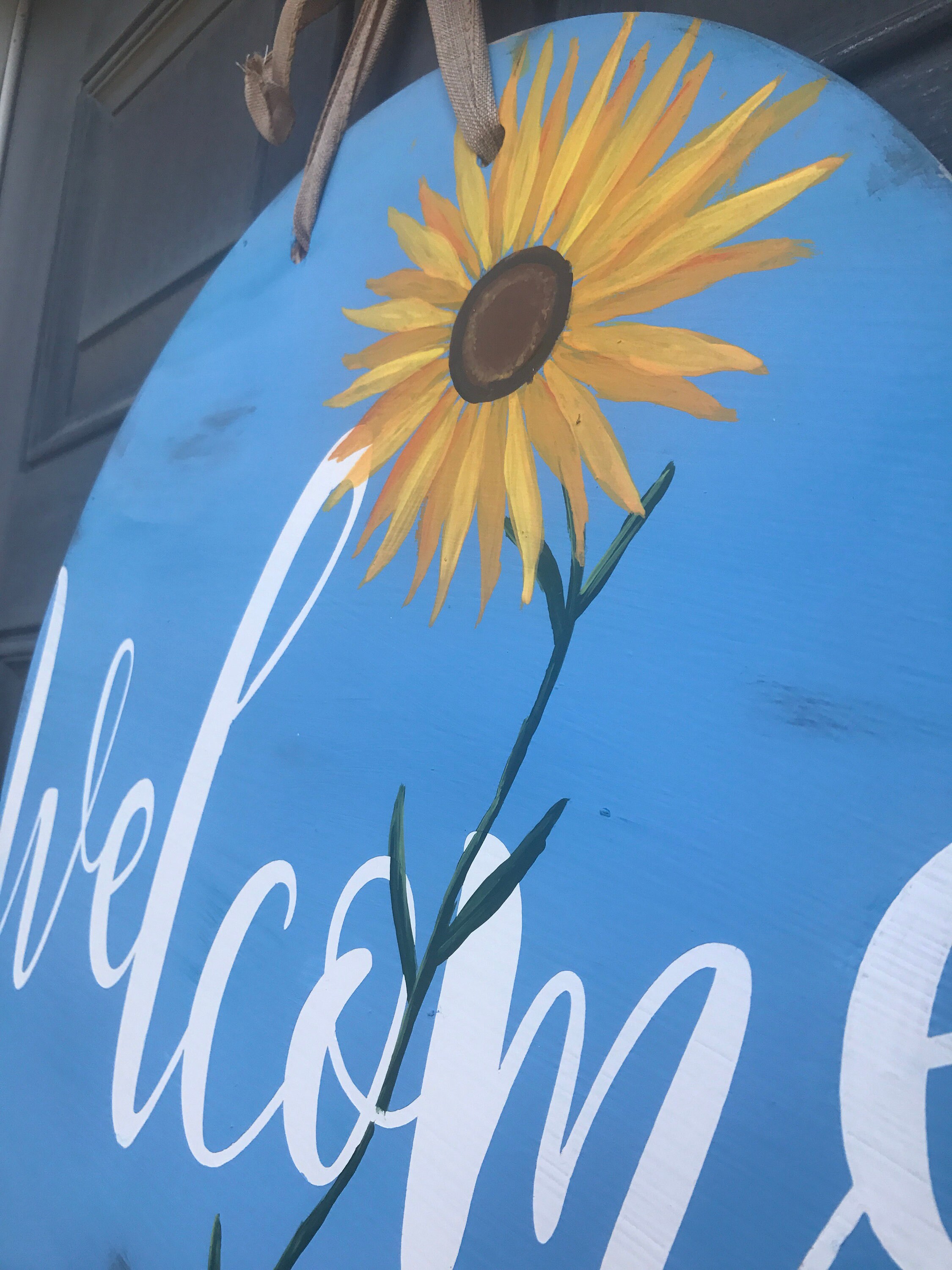 Welcome Spring Flower Door Sign Sunflower Blue Round Front - Etsy