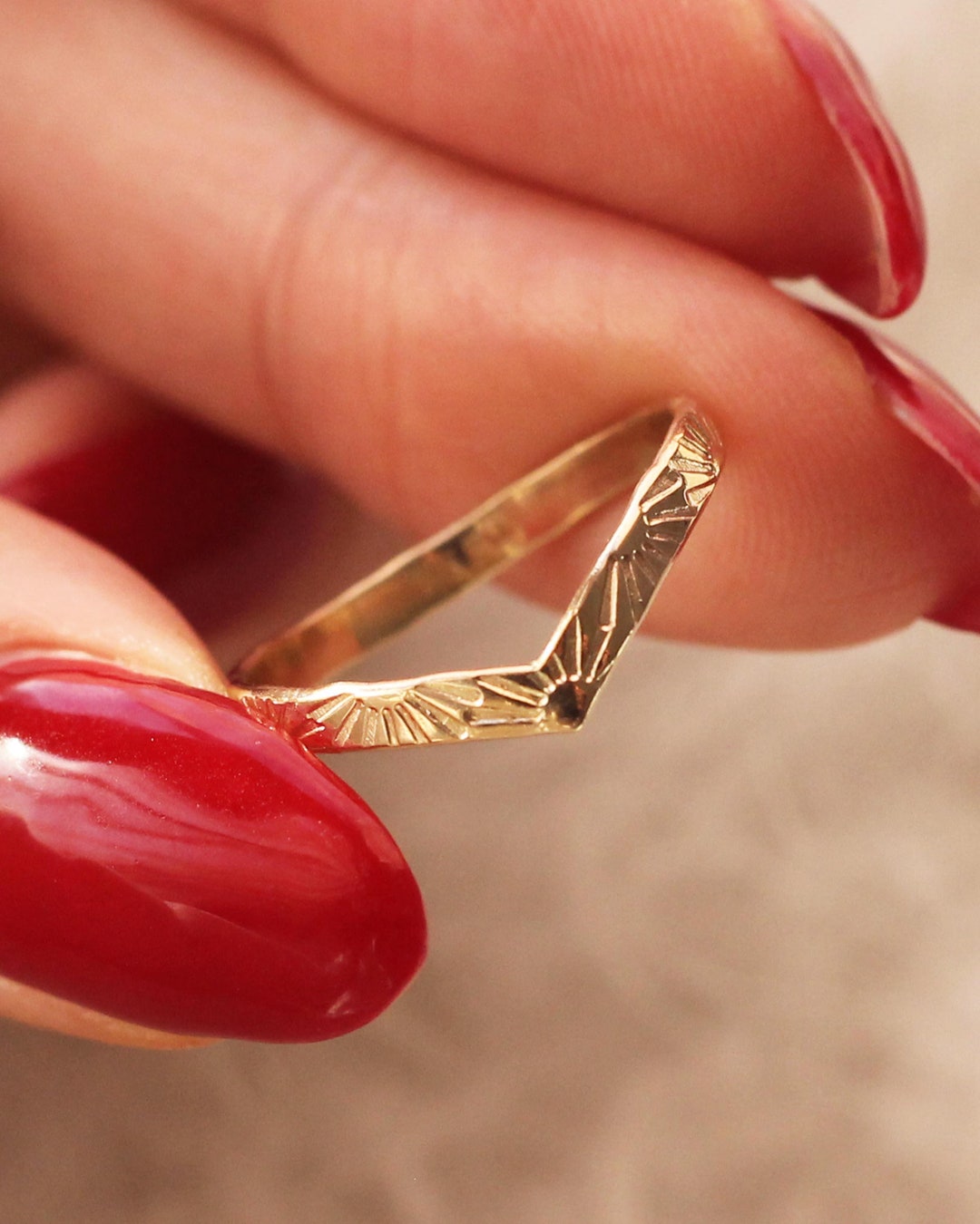 Sun Chevron Hand Stamped 14K Solid Gold Ring R1364 - Etsy