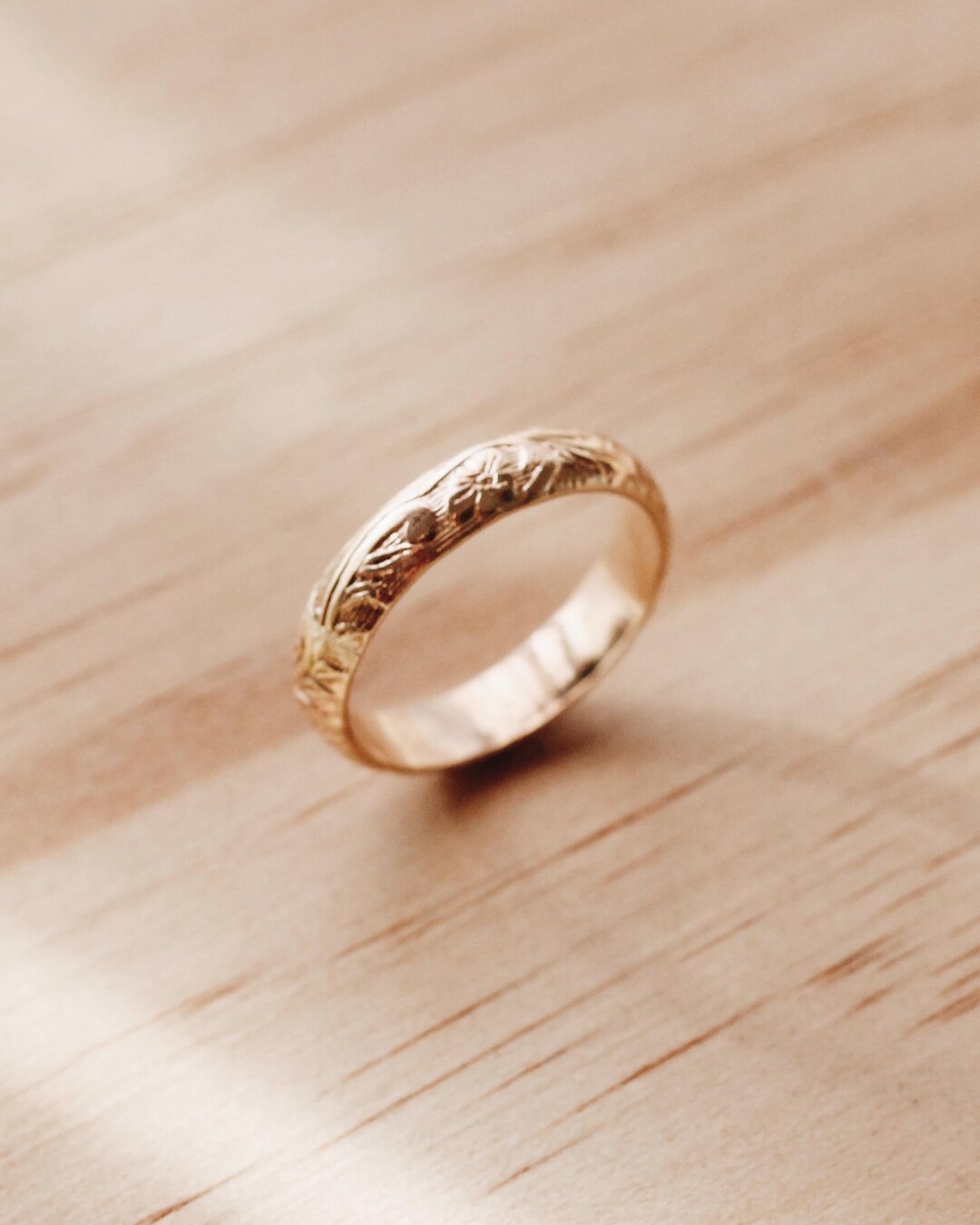 Motif Flower Pattern Ring, Thick Flower Ring, Half Round, 14K Gold ...