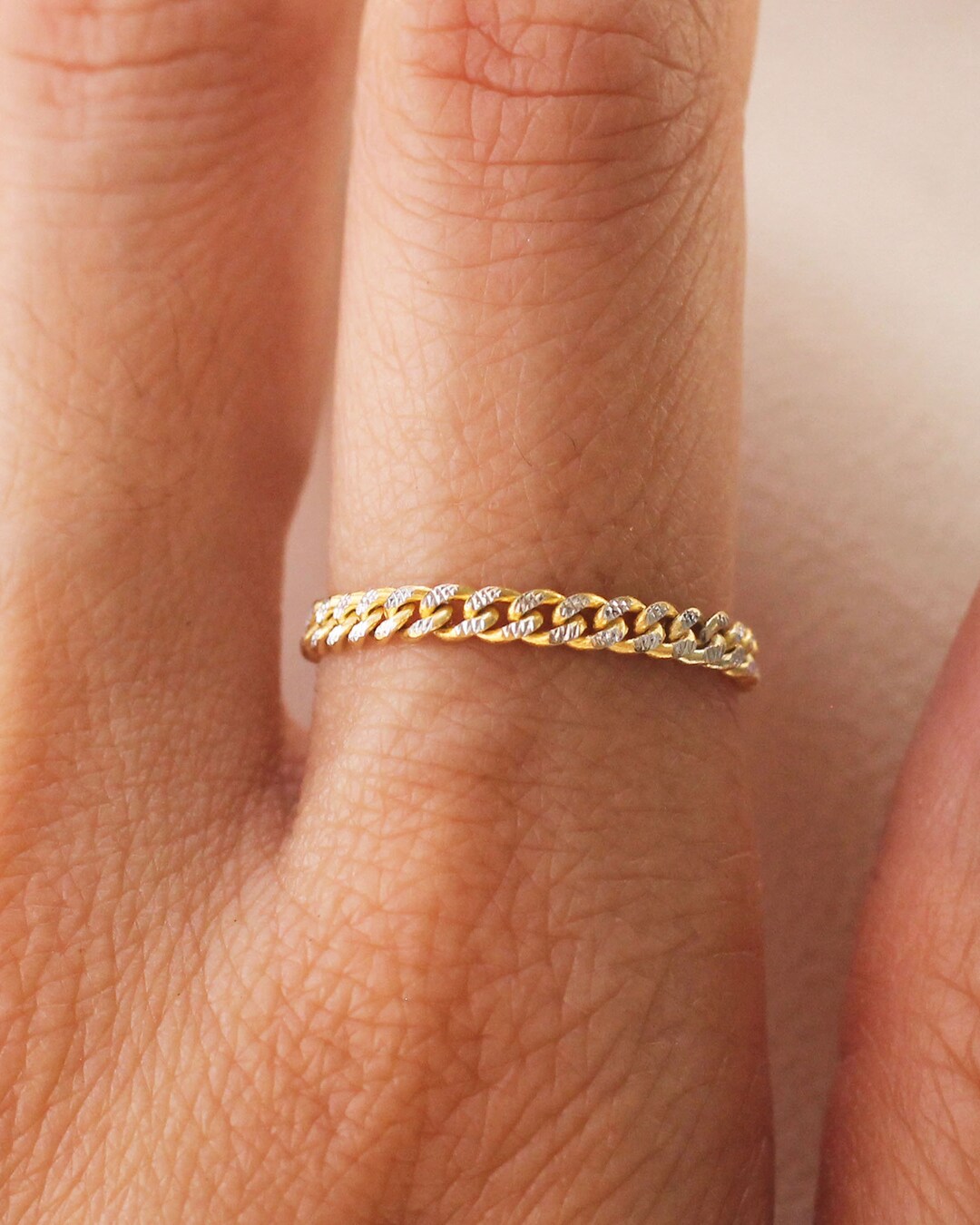 Two Toned 14K Solid Gold Curb Chain Ring - Size 6 Only - Etsy