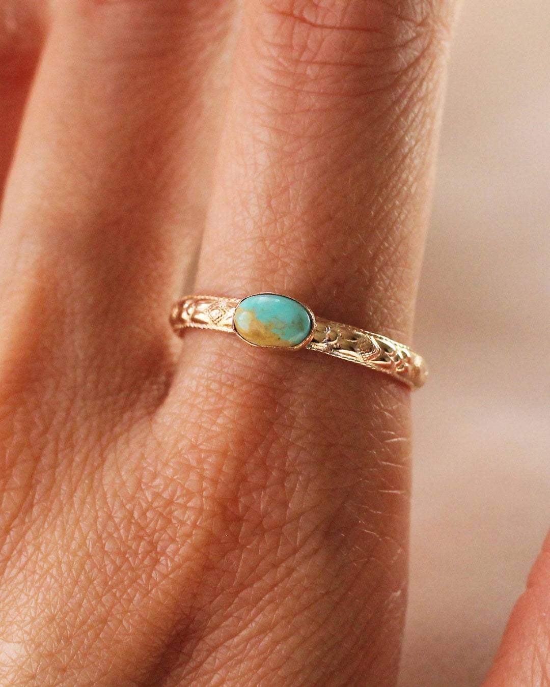 Turquoise Oval Stone With Patten Ring 14K Gold Filled R1410 - Etsy