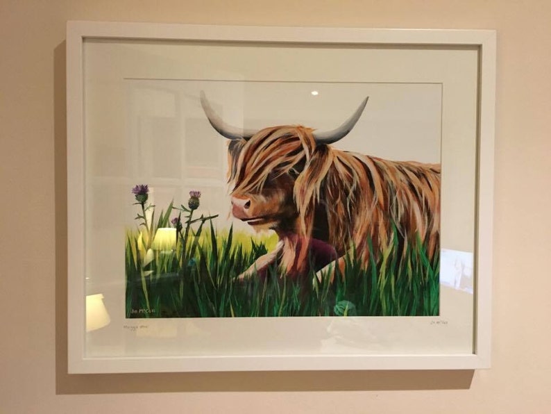 Highland cow with Scottish thistles: 'Maggie Moo' | Etsy