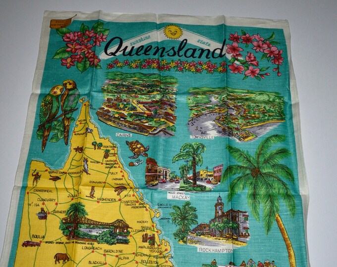 Queensland the Sunshine State Tea Towel - Mid Century 1960s QLD ...