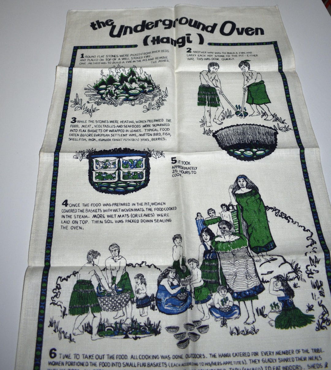 Vintage Maori Feast Hangi Tea Towel - New Zealand Traditional How to ...