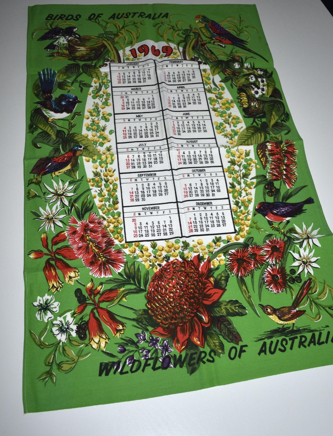 Australian Birds & Wildflowers 1969 Calendar Tea Towel Vintage ...