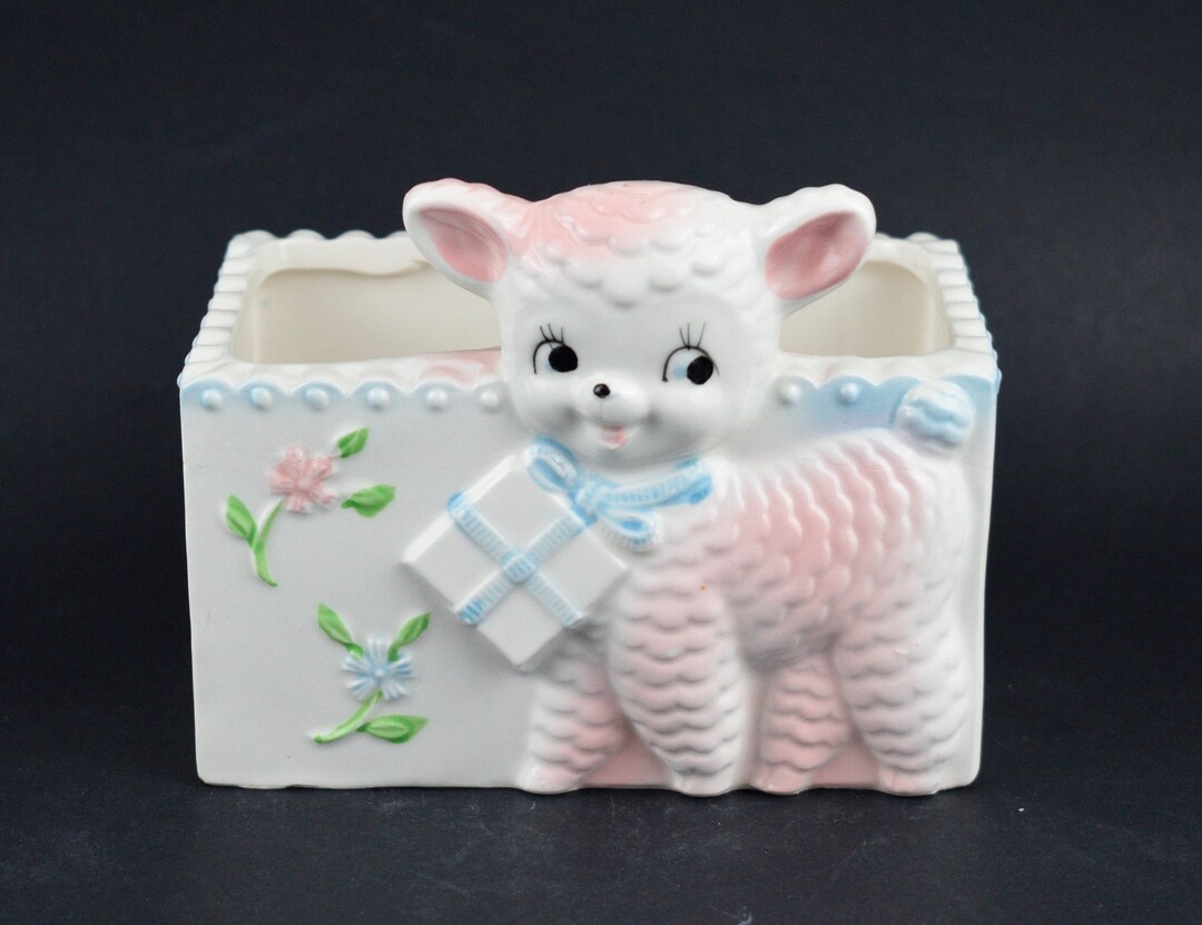 Sweet Baby Lamb Planter With Gift and Flowers Vintage Kitsch Nursery ...