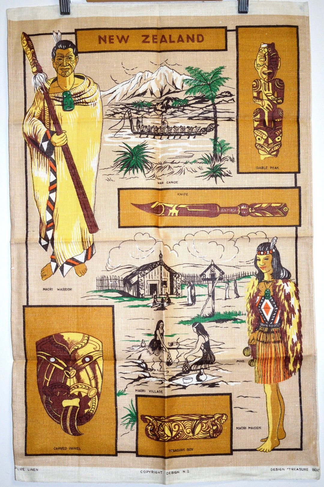 Maori Warrior & Maiden Tea Towel - Vintage Treasure Box Tekoteko Tiki ...