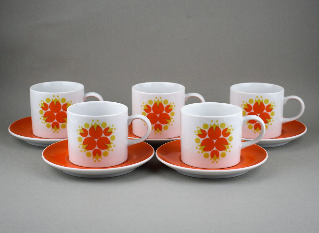 Vintage Kelco Orange Tulip Tea Cups X 5 With Orange Saucers Schmid ...