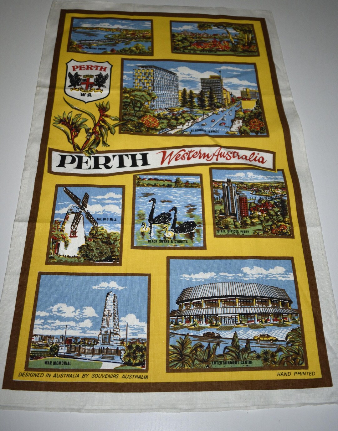 Vintage Perth Western Australia Tea Towel Black Swan WA Souvenir St ...