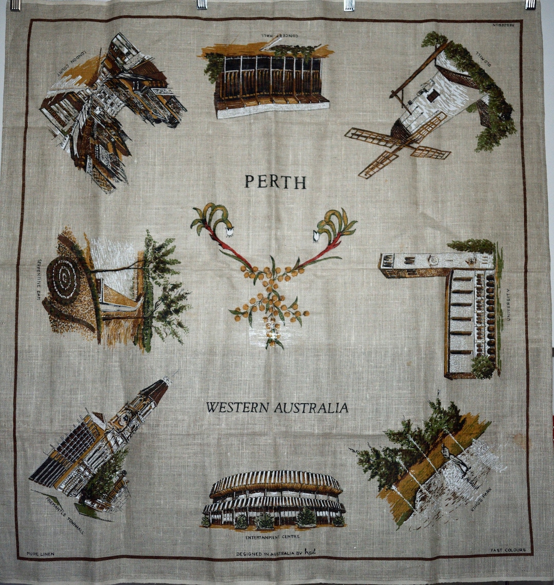 Vintage Perth Western Australia Souvenir Supper Cloth Landmarks of WA ...