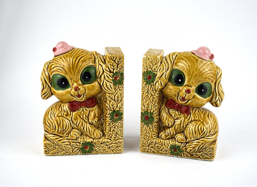 Vintage Big Eye Puppy Dog Bookends - Kitsch Ceramic Dogs With Bowties ...