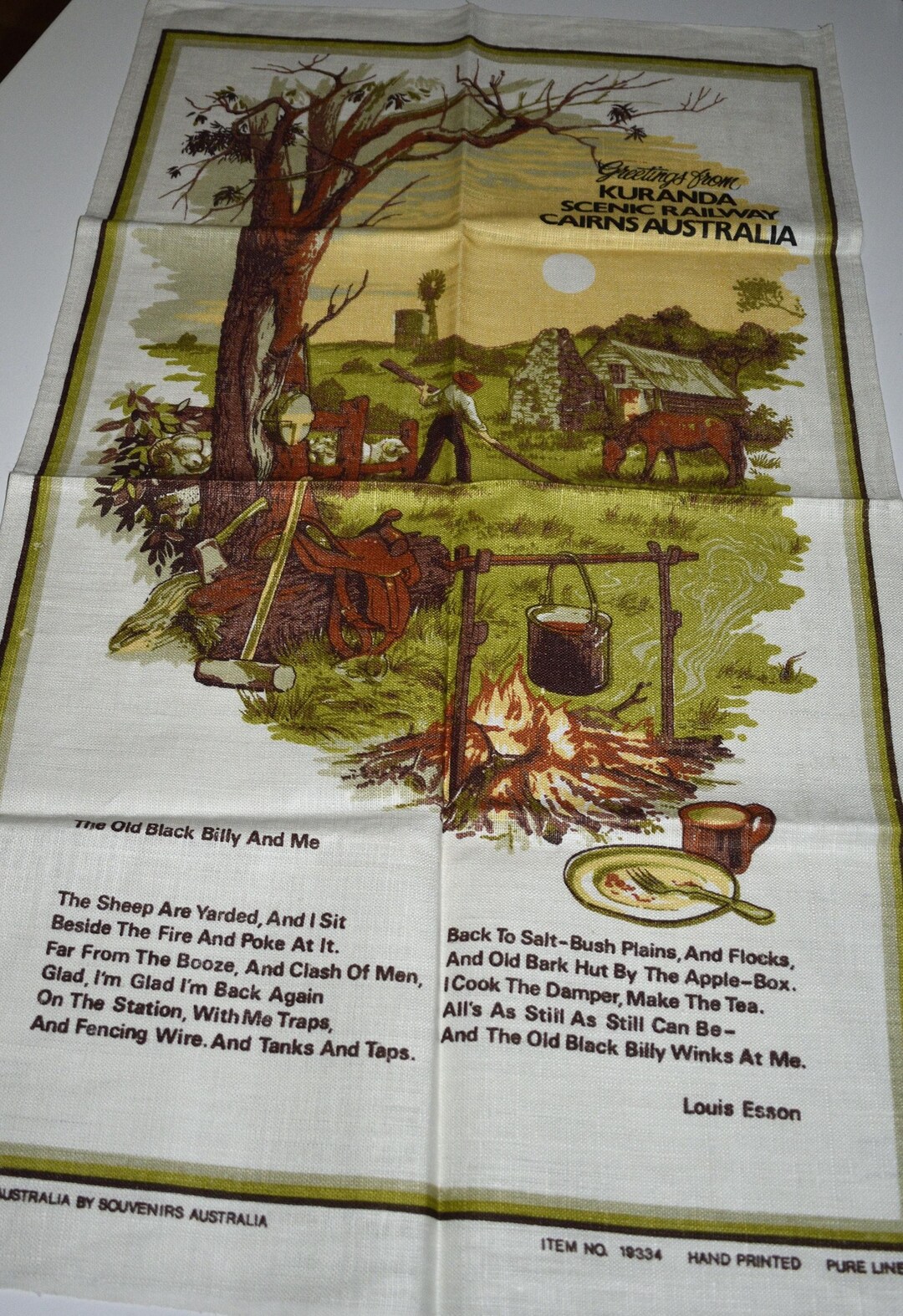 Vintage Swagman the Old Black Billy Tea Tea Towel - Bush Ballad Poetry ...