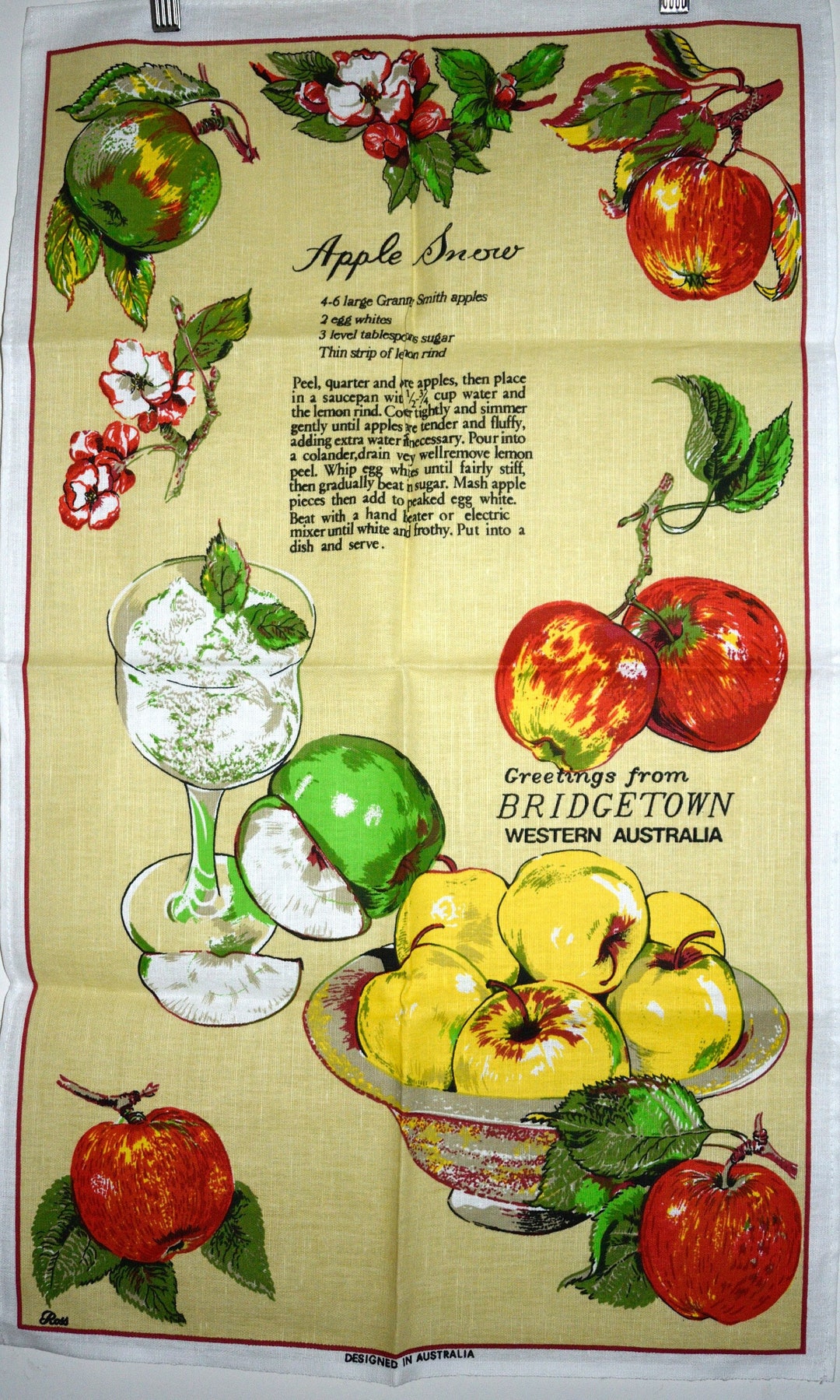 Vintage Apples Tea Towel Retro Apple Snow Recipe Dish Cloth Granny ...