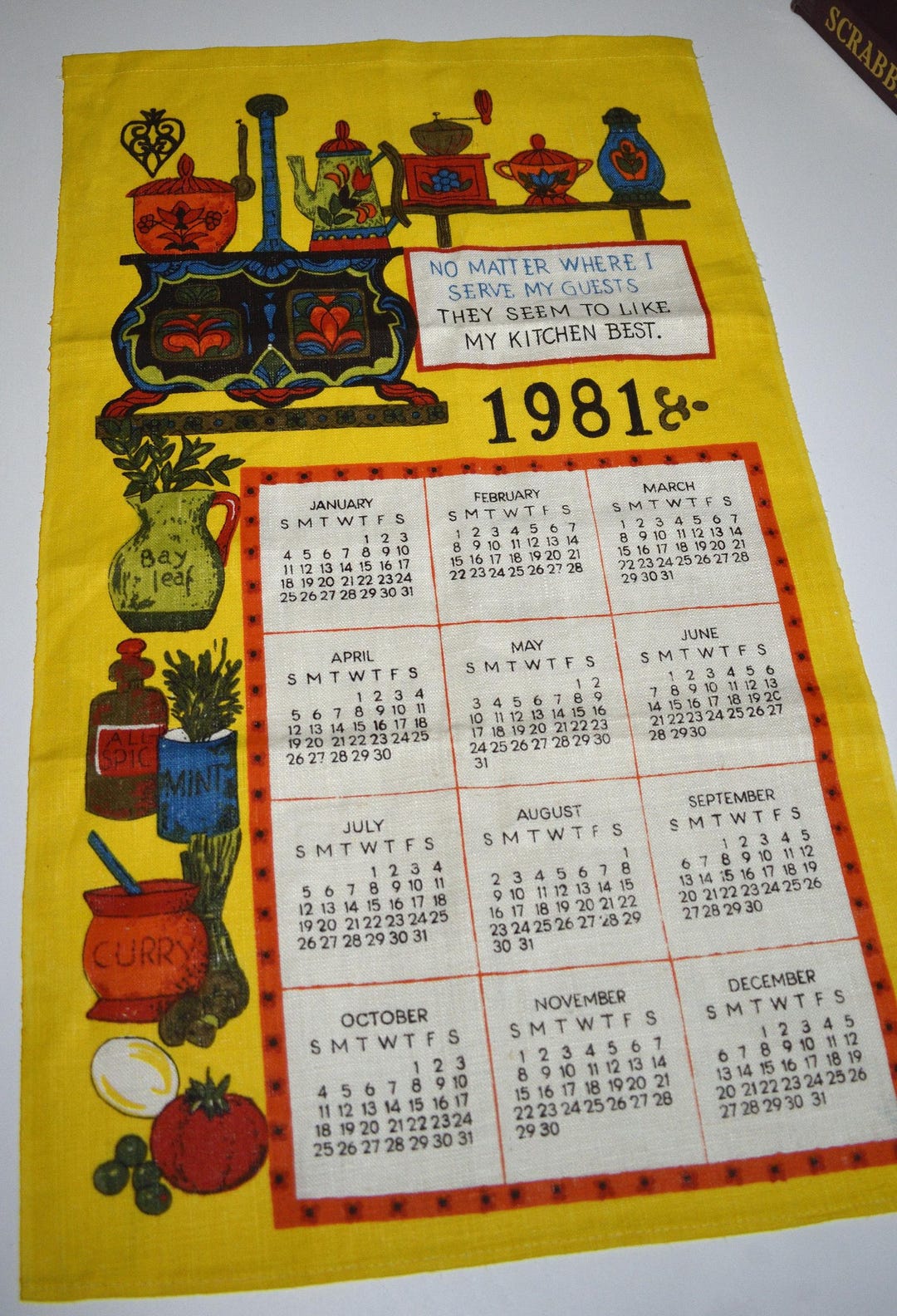 Vintage Colourful 1981 Kitchen Calendar Tea Towel - Retro Yellow Orange ...