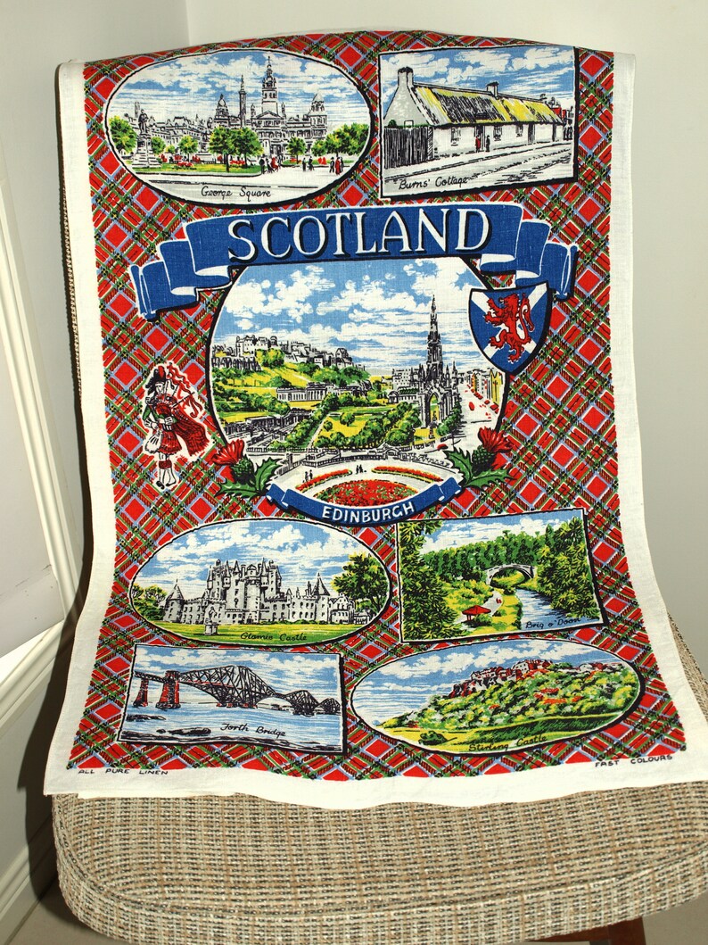 Scotland Tea Towel Mid Century Scottish Tartan Souvenir | Etsy