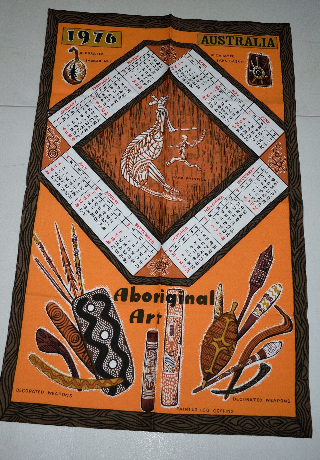 Vintage Aboriginal Art 1976 Calendar Tea Towel Indigenous Bark ...