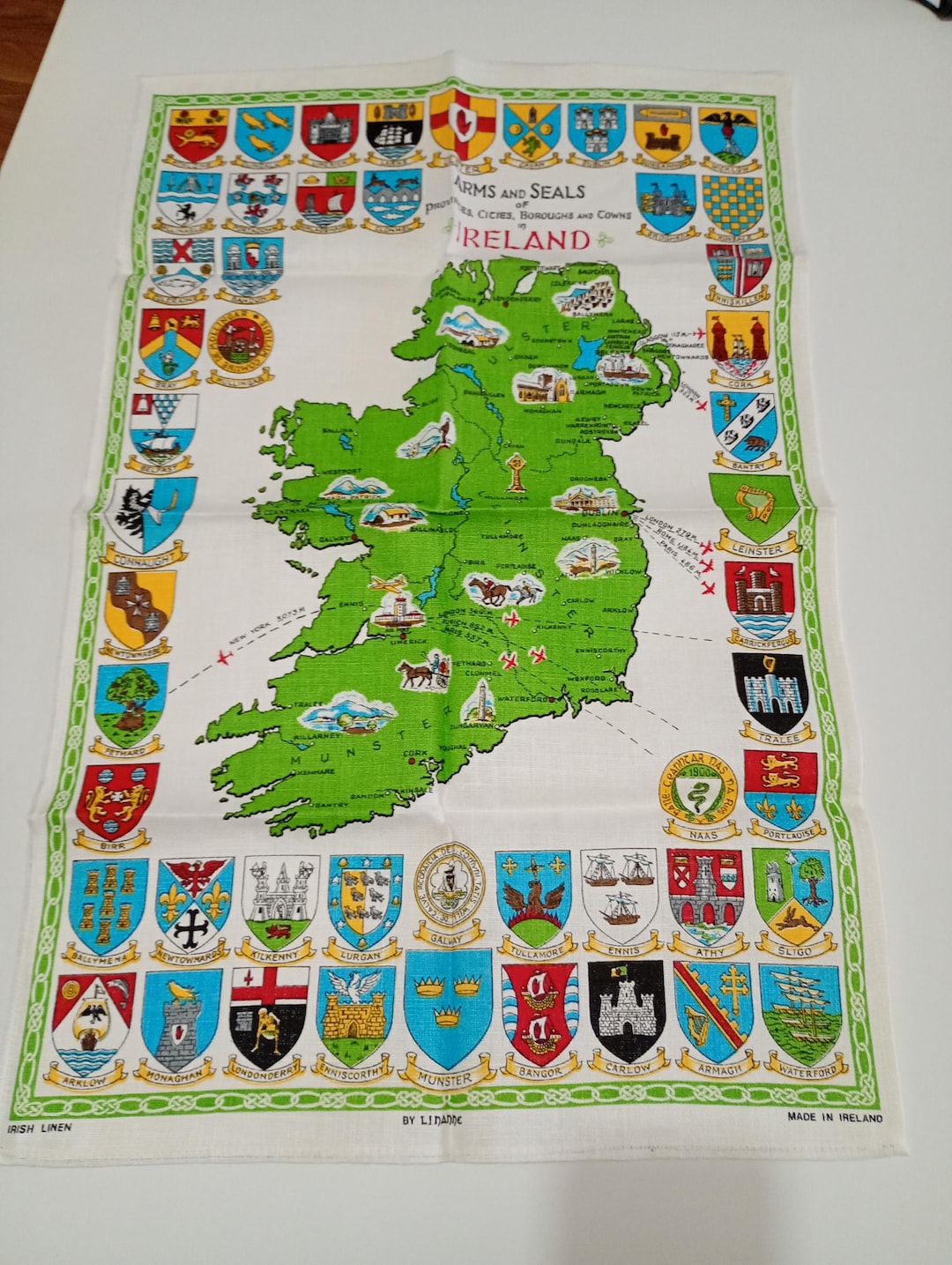 Vintage Crests of Ireland Tea Towel - Clans Map Ulster Irish Arms ...