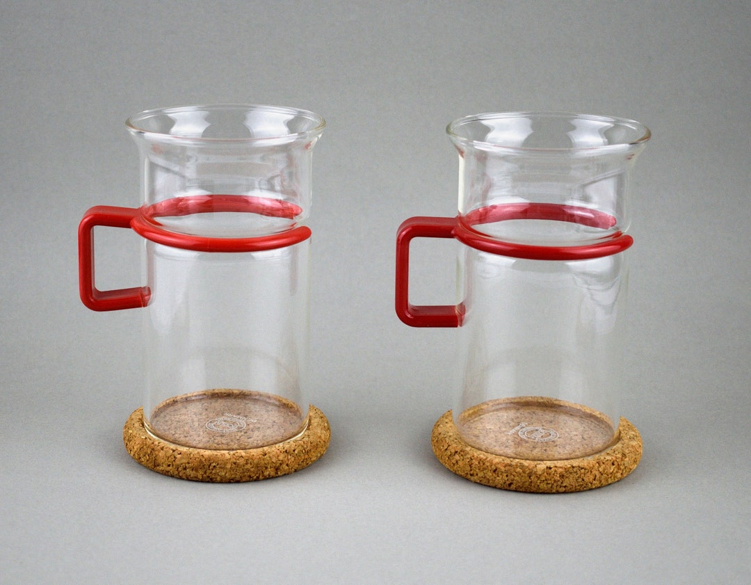 Bodum Tall Glass Mugs With Red Handles & Cork Coasters Vintage Pair ...