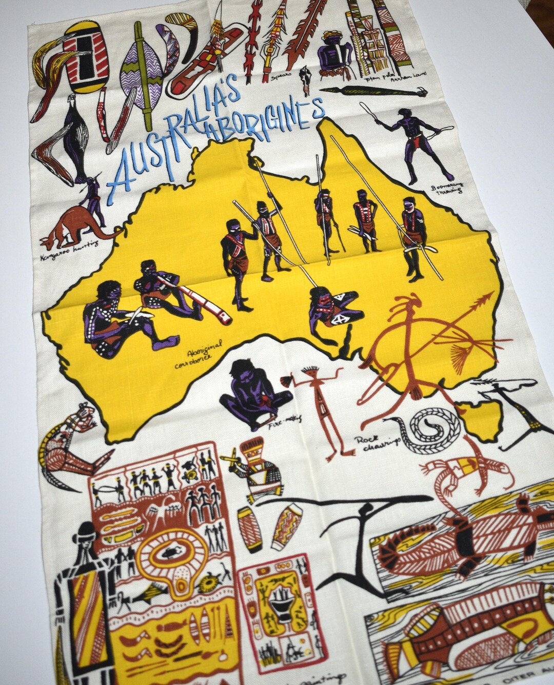 Indigenous Australian Aborigines Tea Towel Vintage Rock Art Bark ...