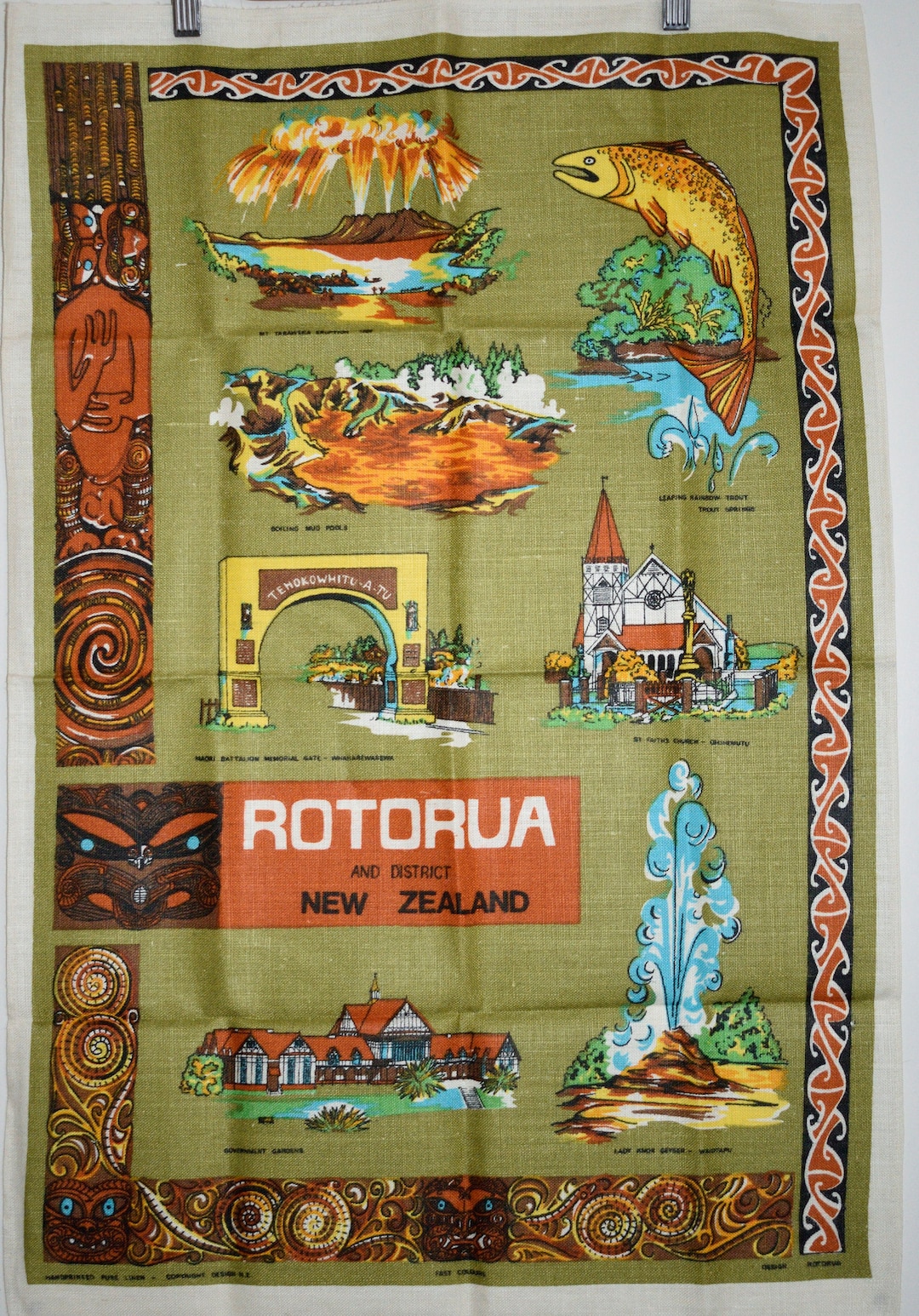 Rotorua New Zealand Maori Souvenir Tea Towel - Vintage Maori Carvings ...