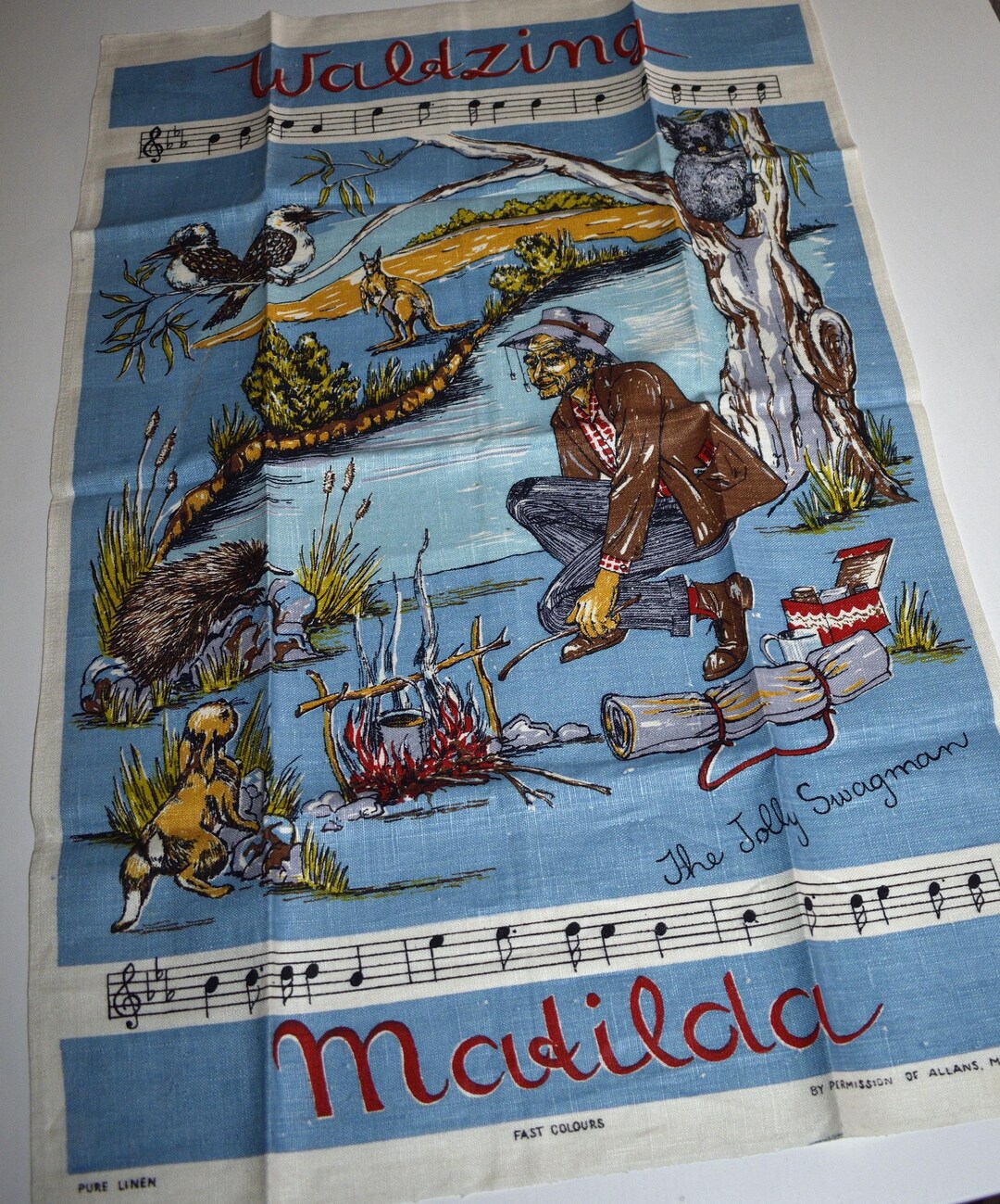 Vintage Waltzing Matilda Jolly Swagman Souvenir Tea Towel Allans Music ...