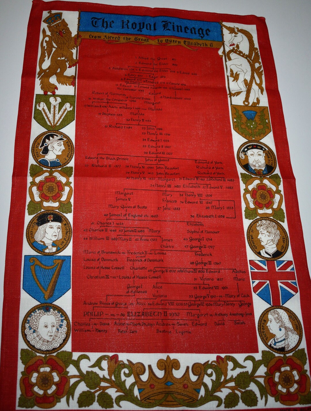 Vintage Royal Lineage Tea Towel British Royal Family Queen Elizabeth II ...
