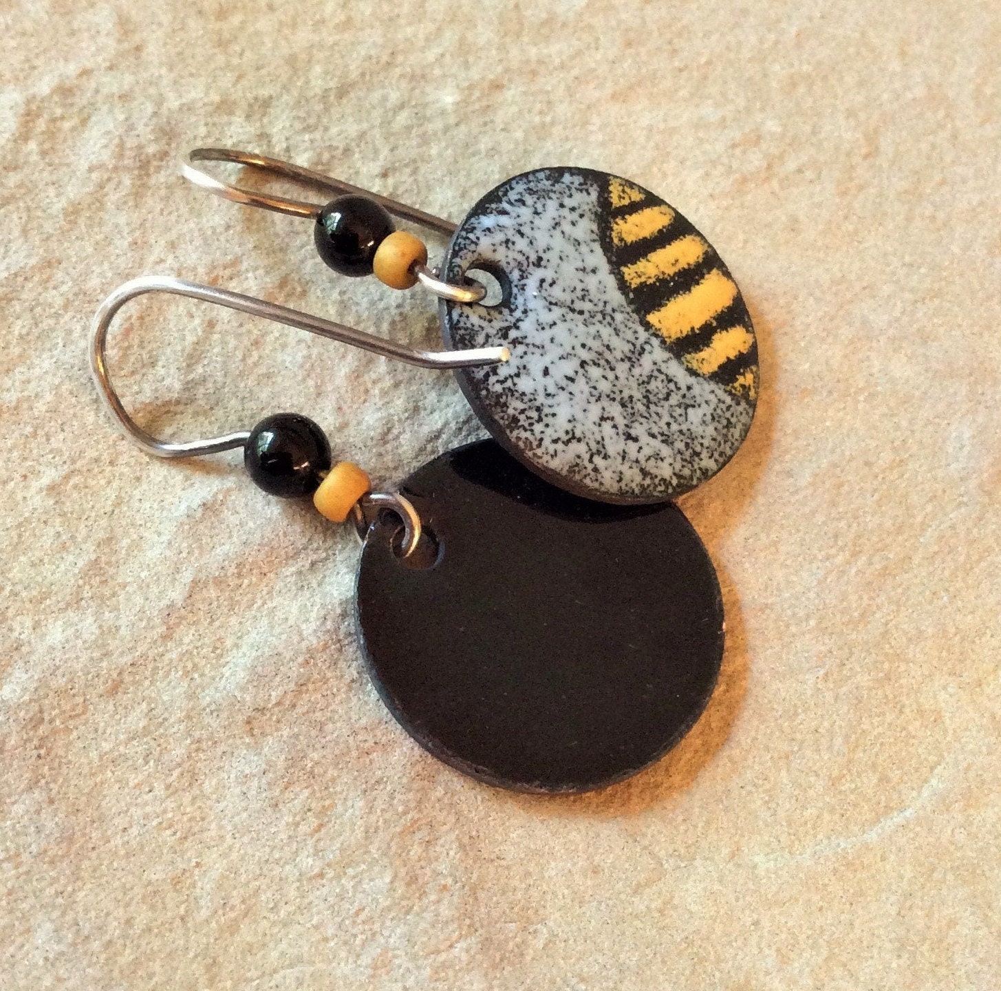 Yikes... Bees Onyx, Sterling Silver, Artisan Dangles, Enamel Earrings ...