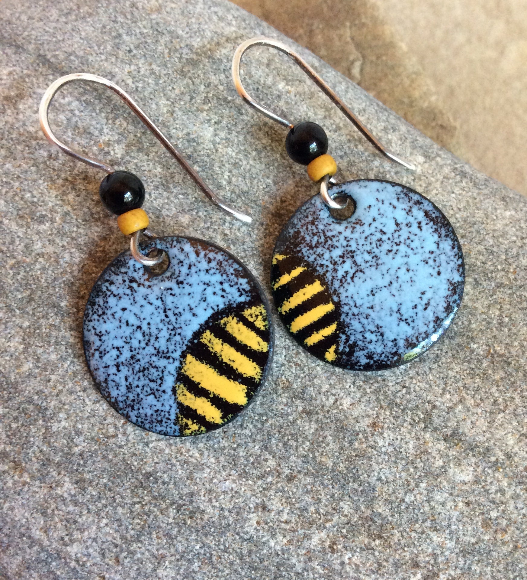 Yikes... Bees Onyx, Sterling Silver, Artisan Dangles, Enamel Earrings ...