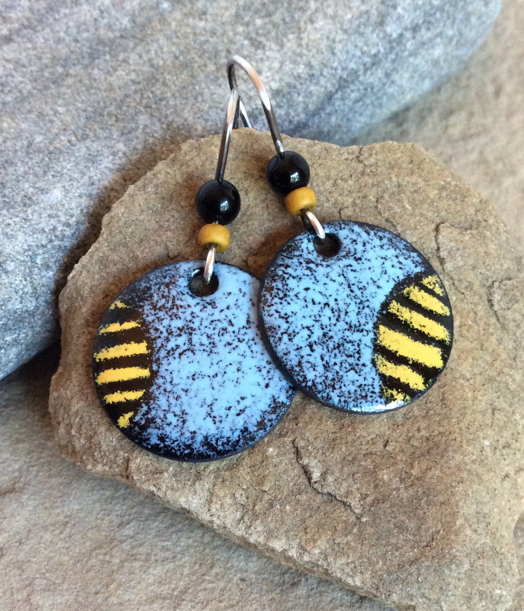 Yikes... Bees Onyx, Sterling Silver, Artisan Dangles, Enamel Earrings ...