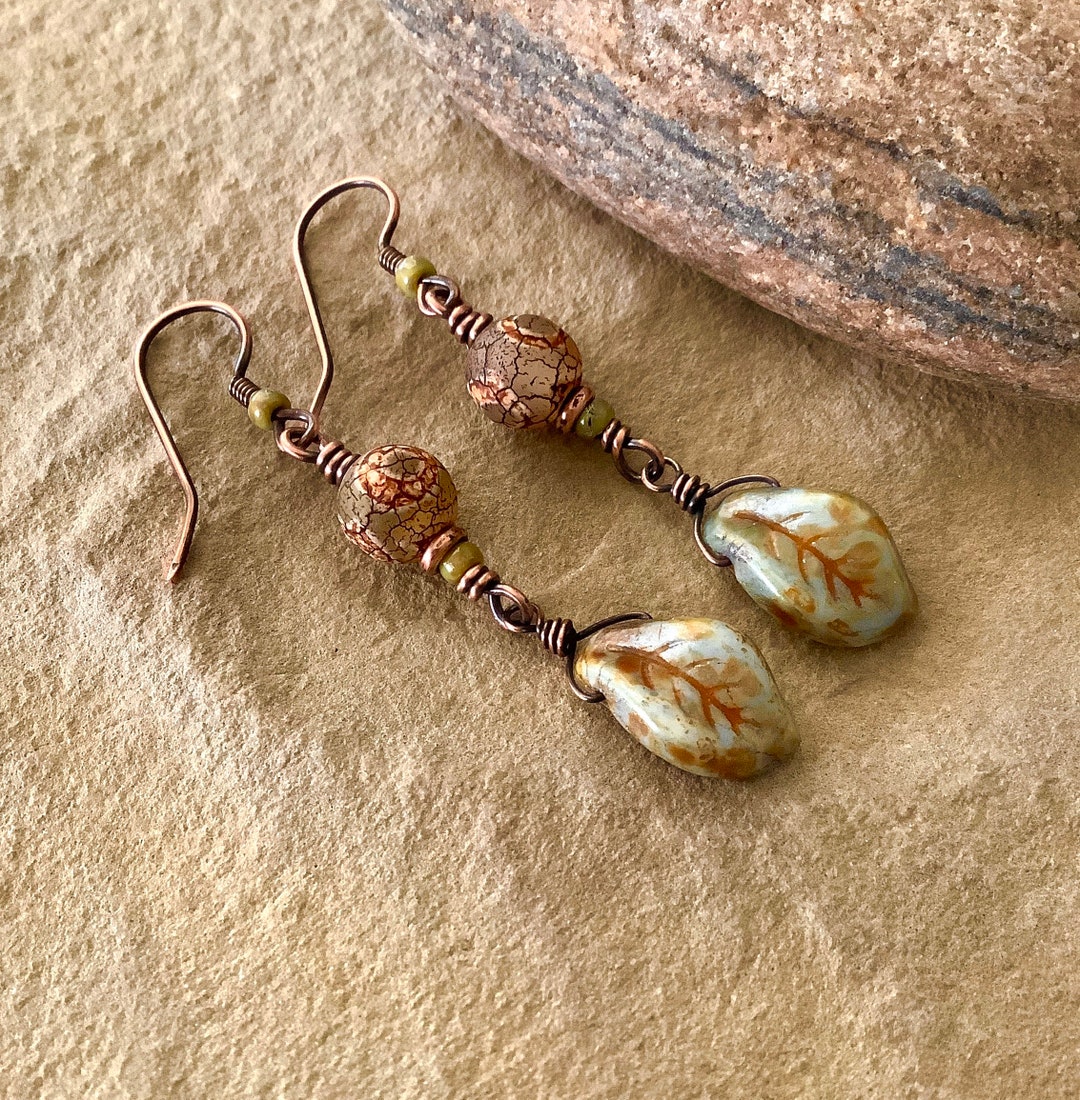 Botanical Dangles, Leaf Earrings, Green Dangles, Boho Dangles, Copper ...