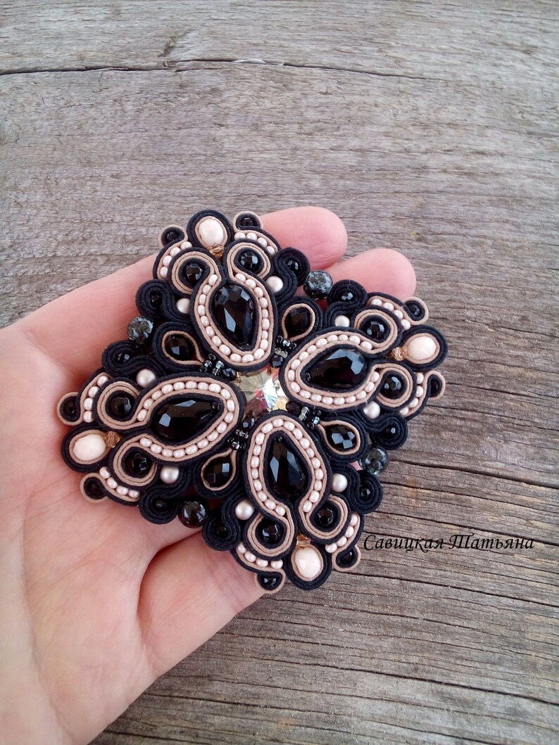 Black Beige Soutache Brooch, Embroidered Textile Coat Jacket Brooch ...