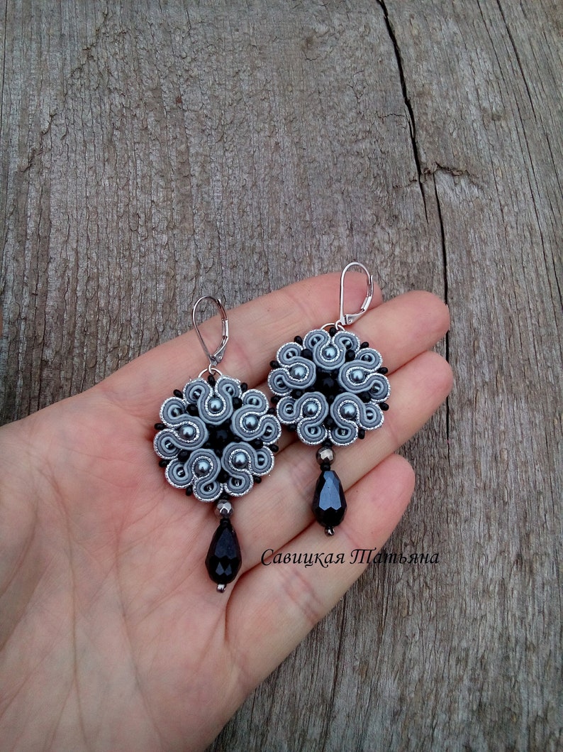 Gray Silver Soutache Earrings, Boho Chic Round Earrings, Embroidered ...