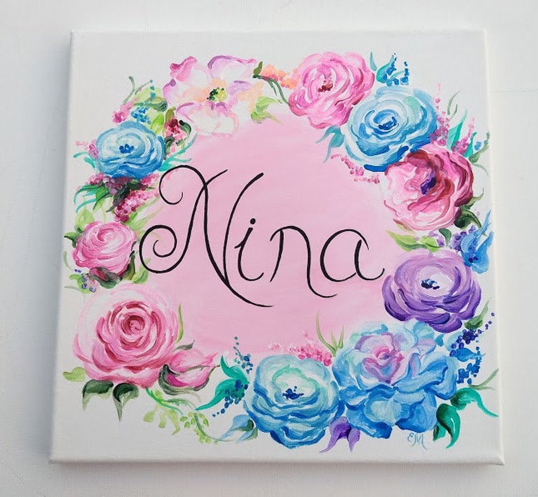 Floral Name Sign, Canvas Name Painting, Nursery Name Sign Painting ...