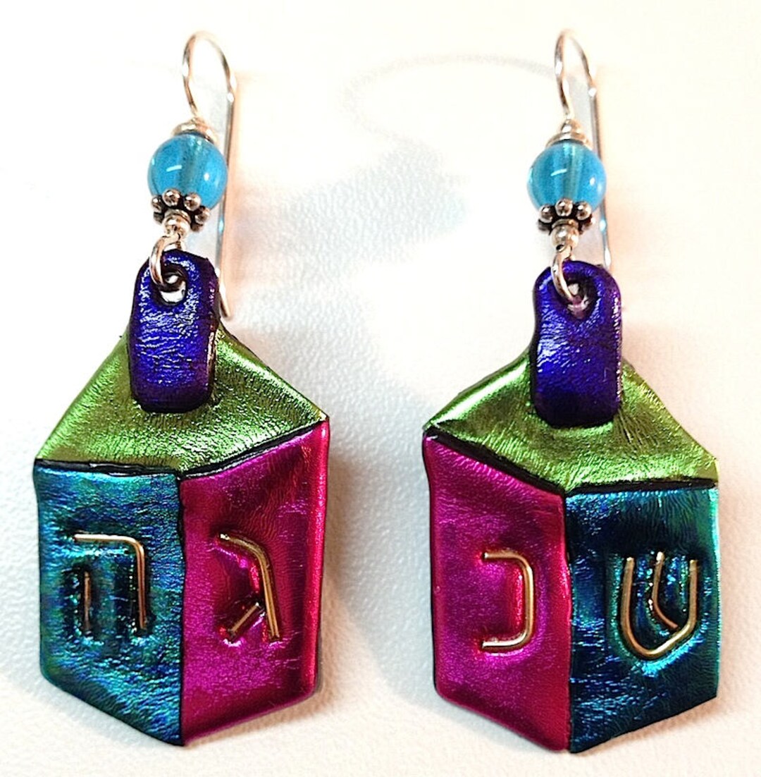 DREIDEL Hebrew Letter Earrings, Gold Wire Fused Inlay, Lightweight ...