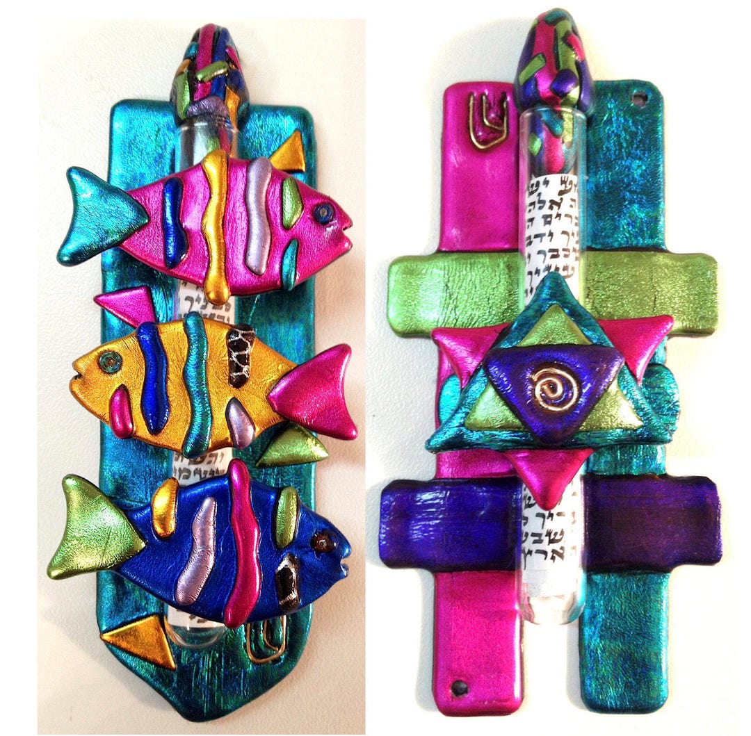 Fanciful Fish Mezuzah, Arts and Crafts, Jewish Star Gold Spiral, Non ...
