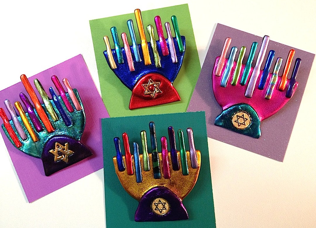 HANUKAH MENORAH Pin, Star of David Charms, 24K Gold Over Brass Charms ...