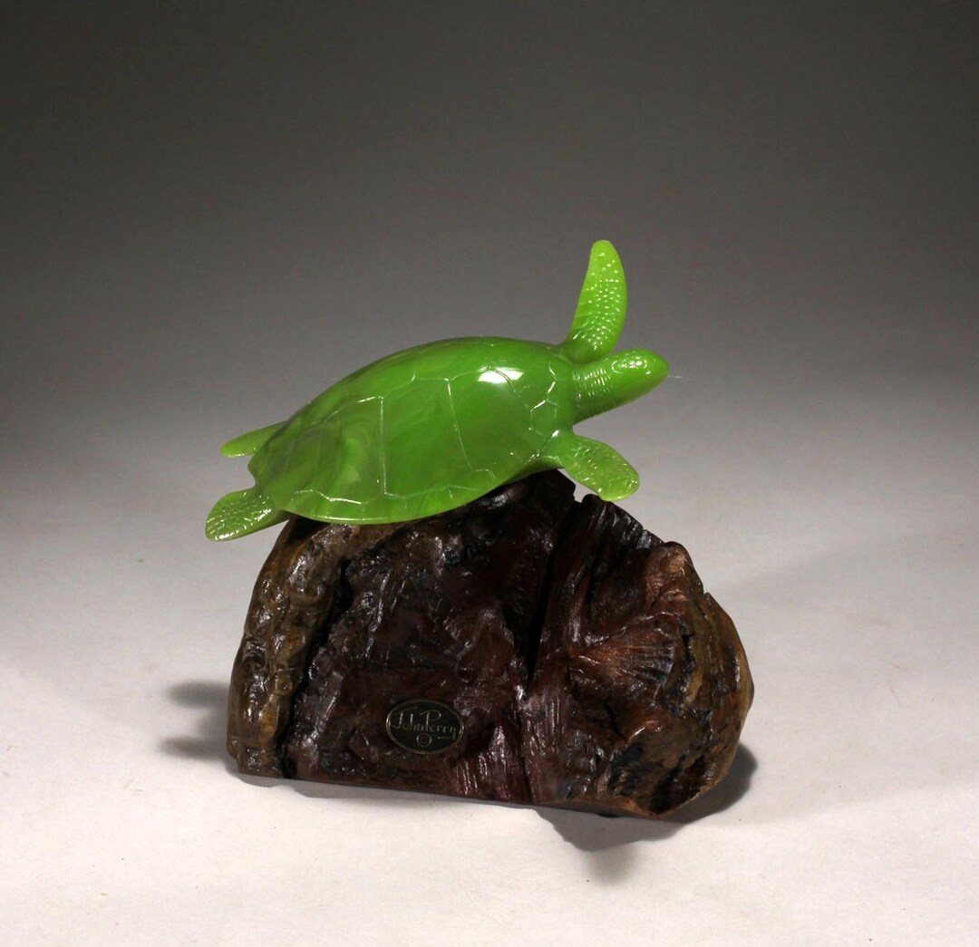 Turtle "jade" Sculpture New Direct From John Perry 10in Long on Burl - Etsy