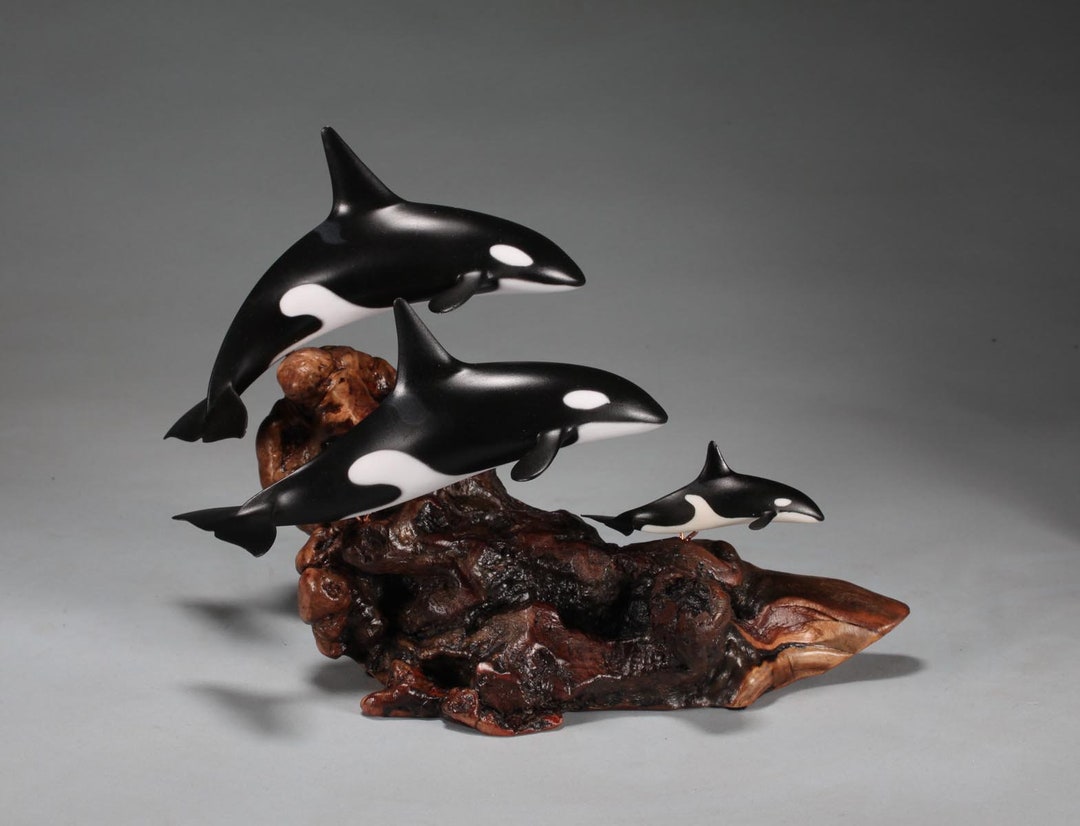 Orca Killer Whale Family Sculpture by John Perry, on Polished Burlwood ...