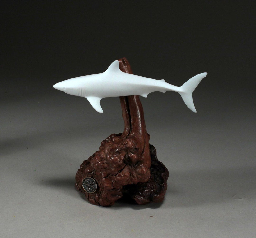 Shark Sculpture by John Perry MAKO 6 Inch Long on Burlwood Statue Décor ...