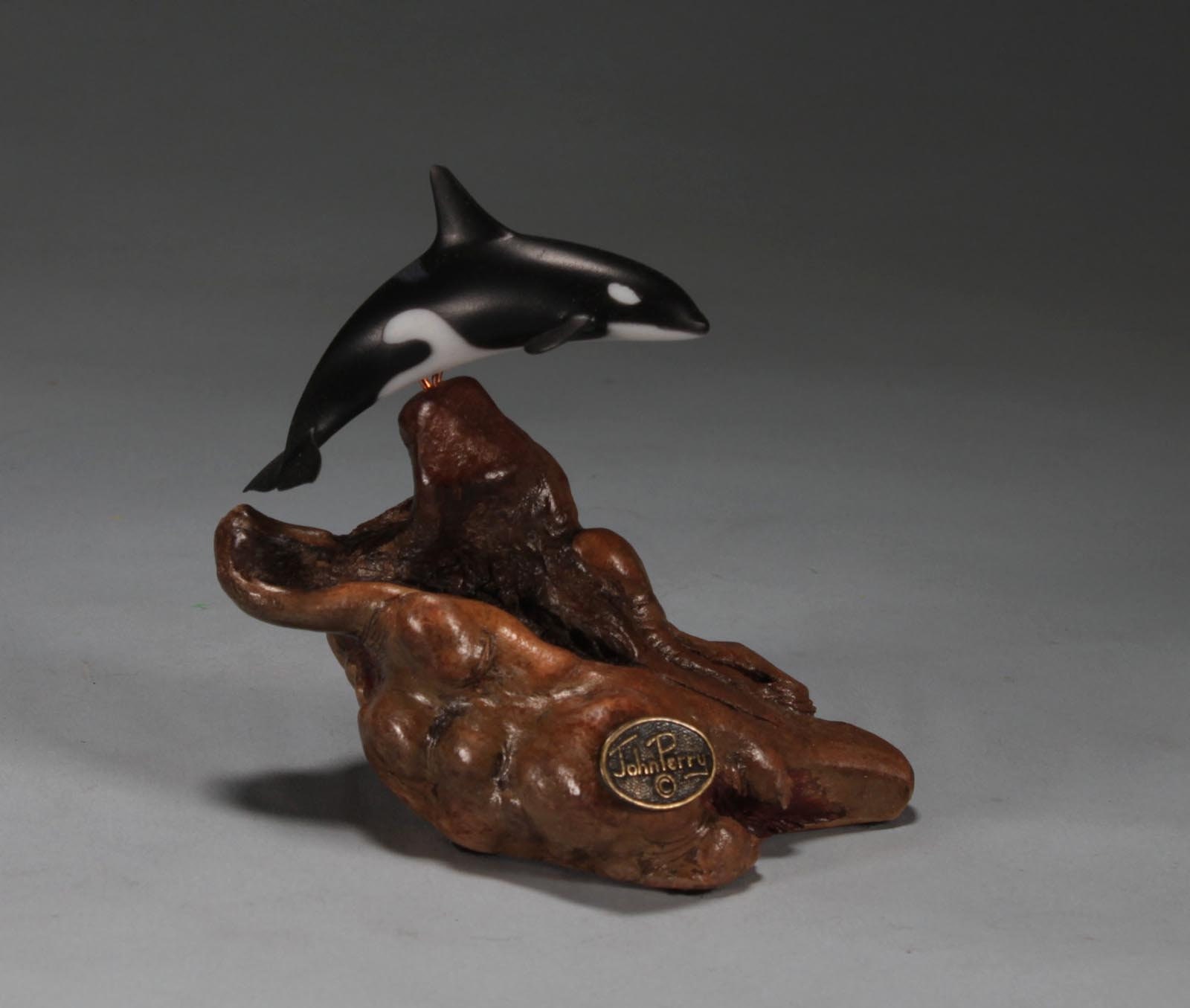 ORCA Sculpture by John Perry 4in Long Down Tail Version on Burlwood ...